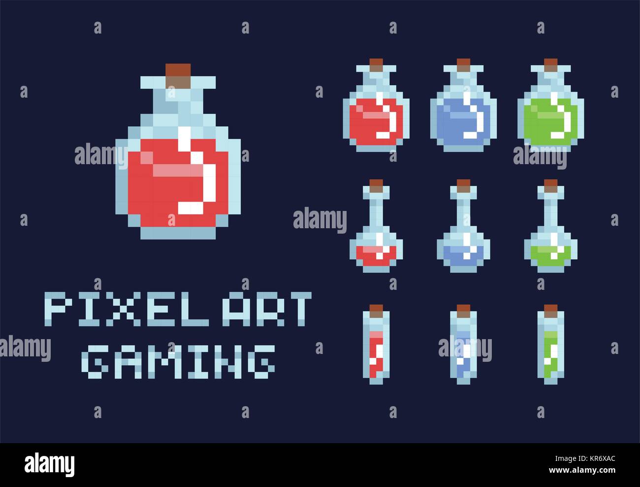 Set of pixel art potion bottles, red green and blue, health mana game ...