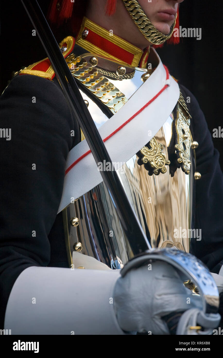 Close up of member of the Blues and Royals, with polished cuirass and ...