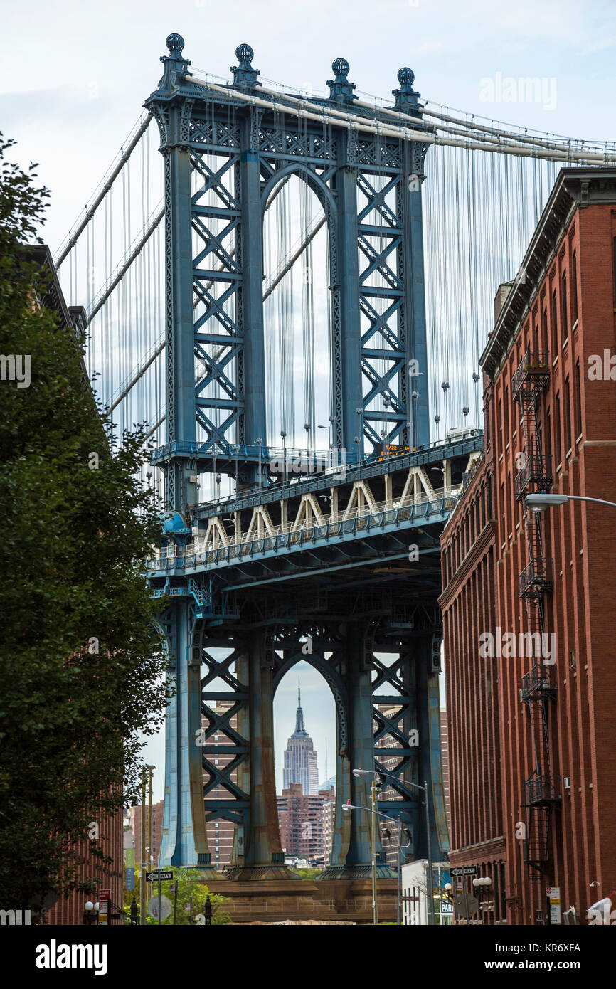 View of Manhattan Bridge from Brooklyn, New York, USA, with Empire ...