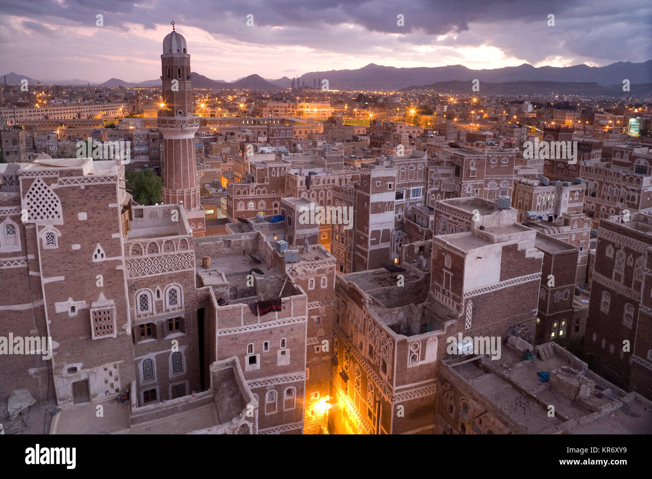 High angle view over rooftops of buildings in the old city of Sana'a in ...