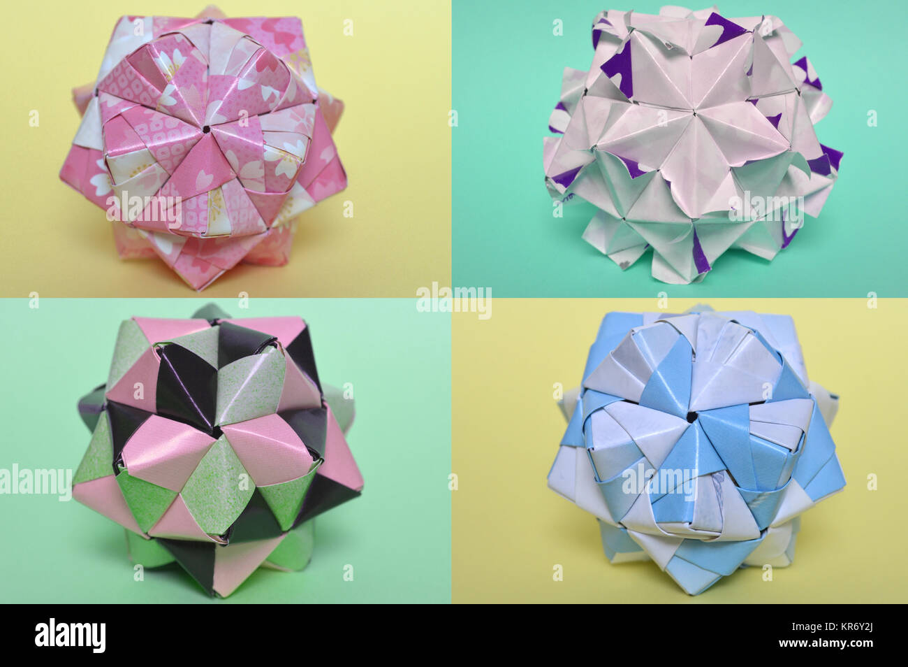 Modular origami, sonobe ball, on yellow and green background Stock ...