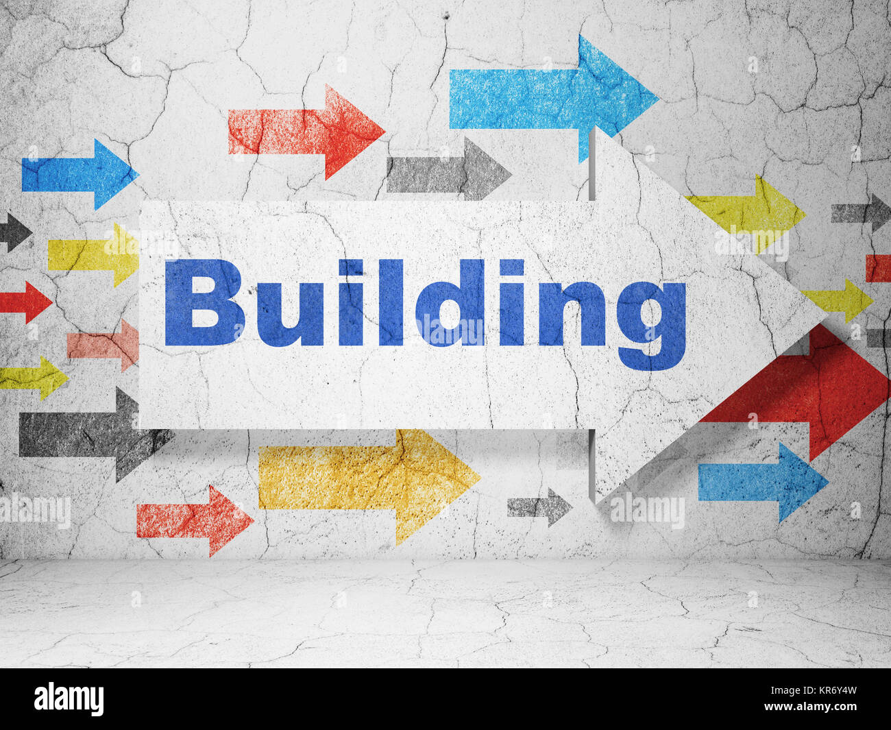Construction concept: arrow with Building on grunge wall background ...