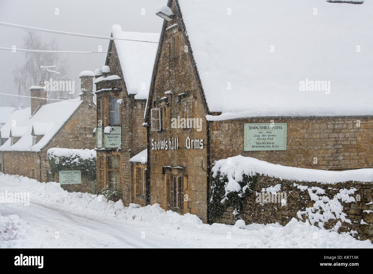 Snowshill arms pub in Snowshill village in the snow in December ...