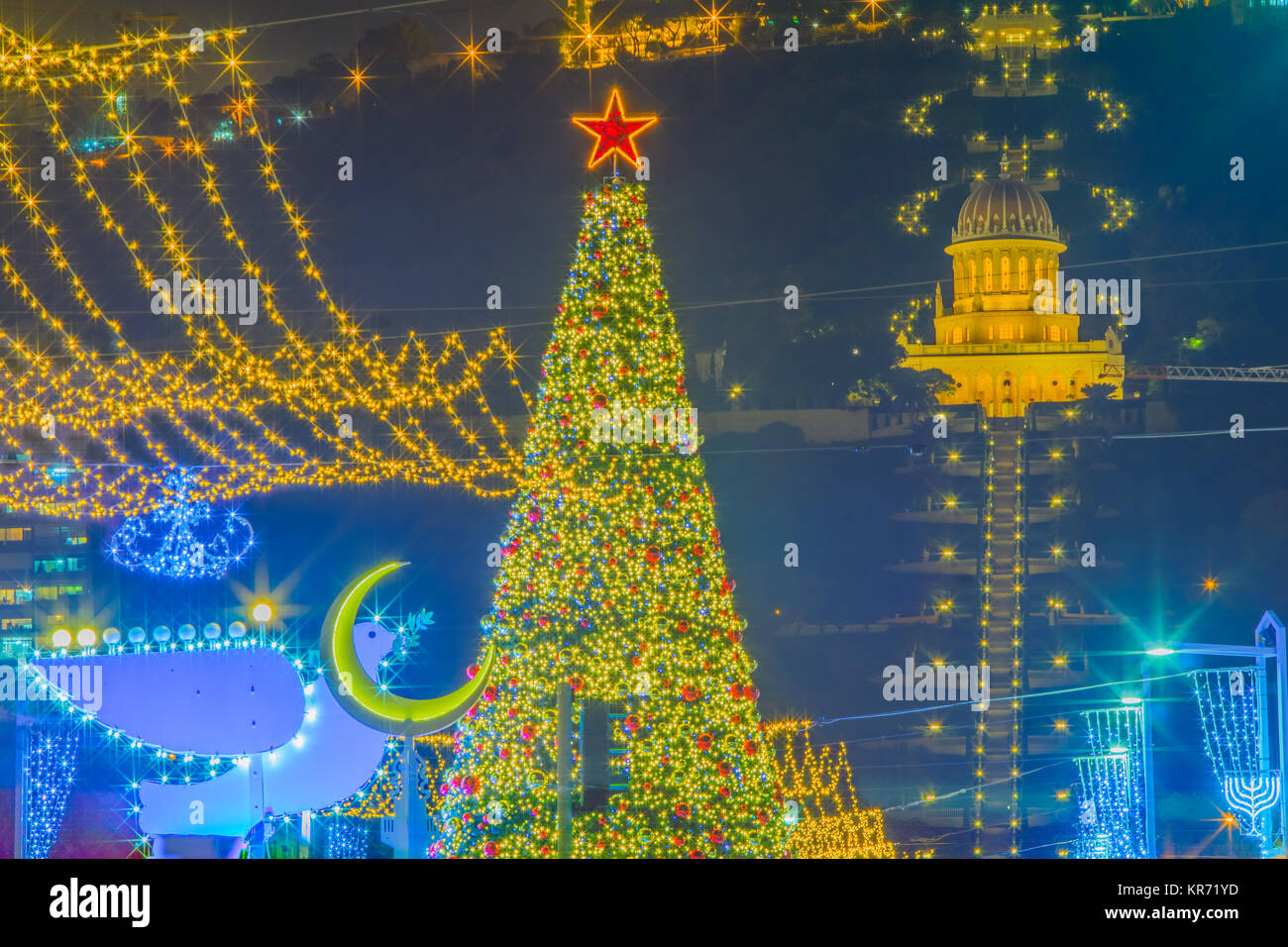HAIFA, ISRAEL - DECEMBER 13, 2017: The German Colony, decorated for the ...
