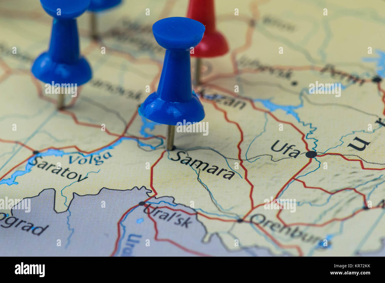 Samara city pinned on a map of Russia among other World cup 2018 venues ...