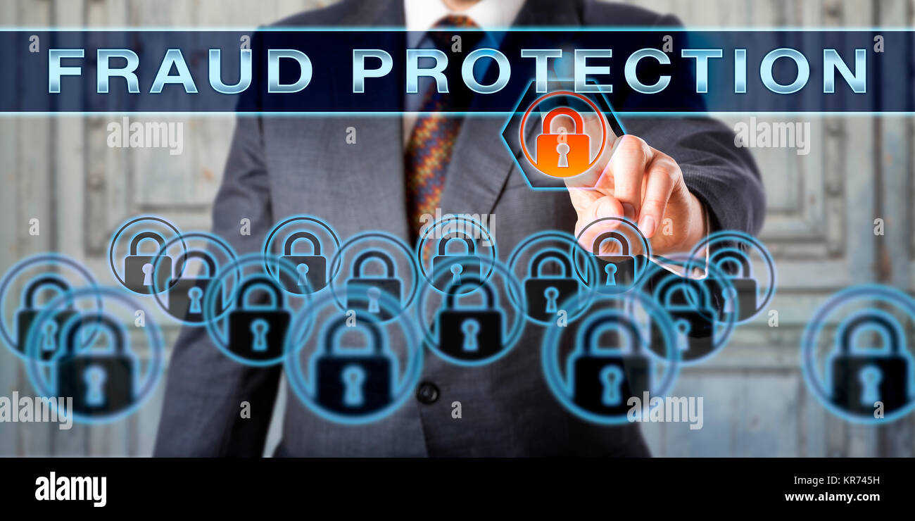 Man In Business Suit Pushing FRAUD PROTECTION Stock Photo - Alamy