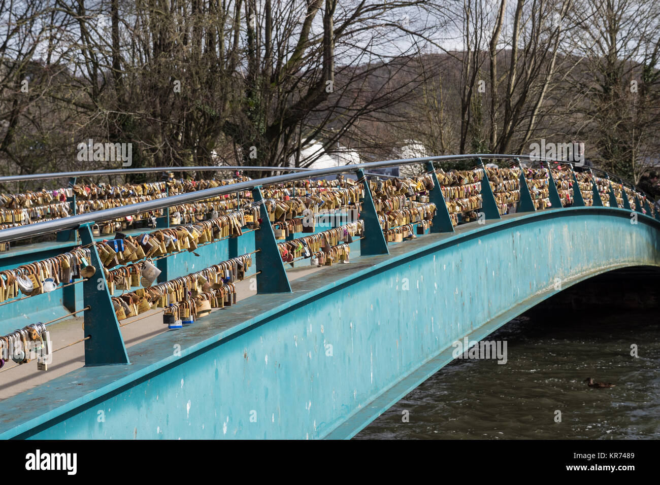 Love locks secured to the Bridge over the River Wye in Bakewell ...