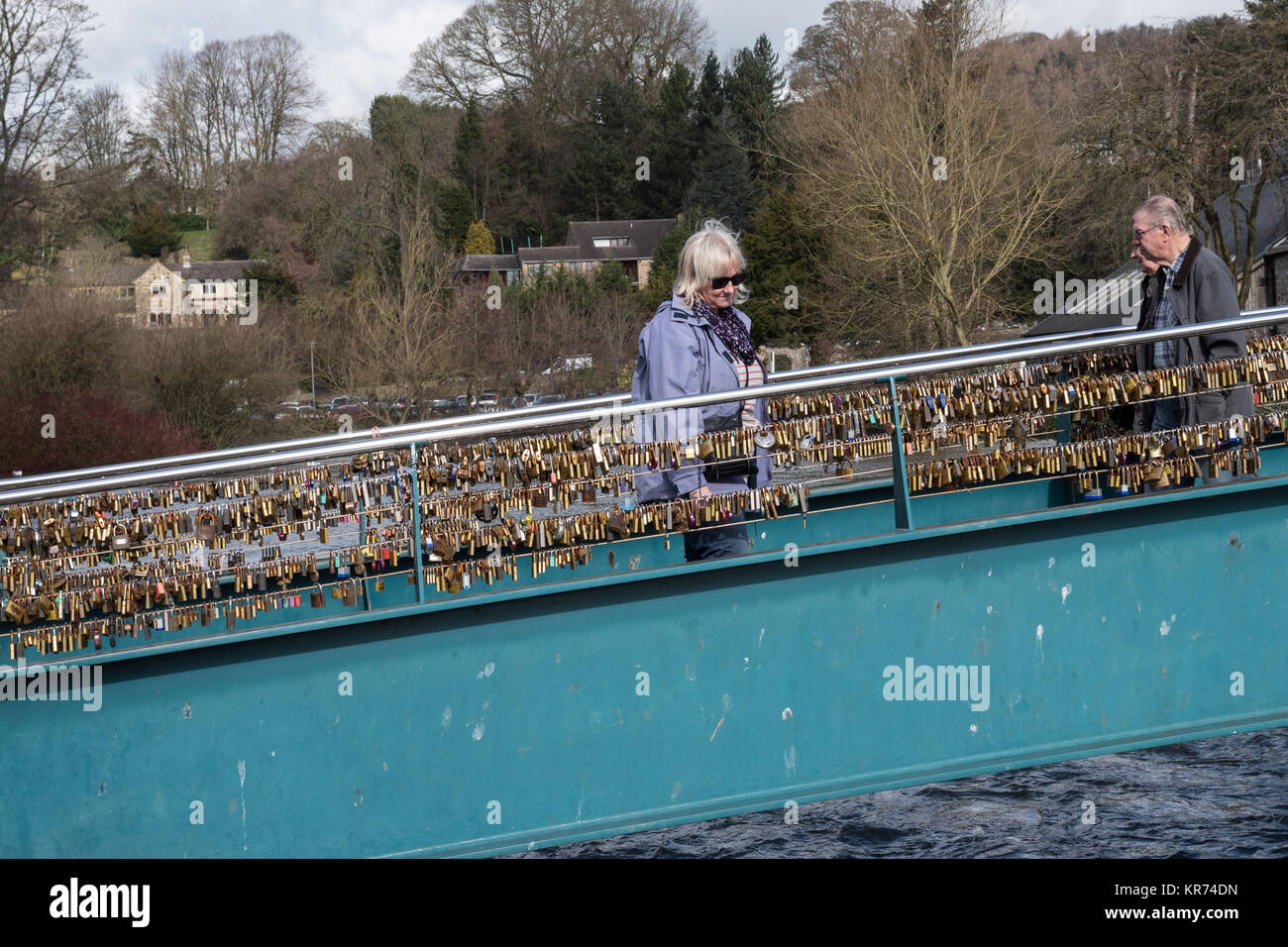 Love locks secured to the Bridge over the River Wye in Bakewell ...