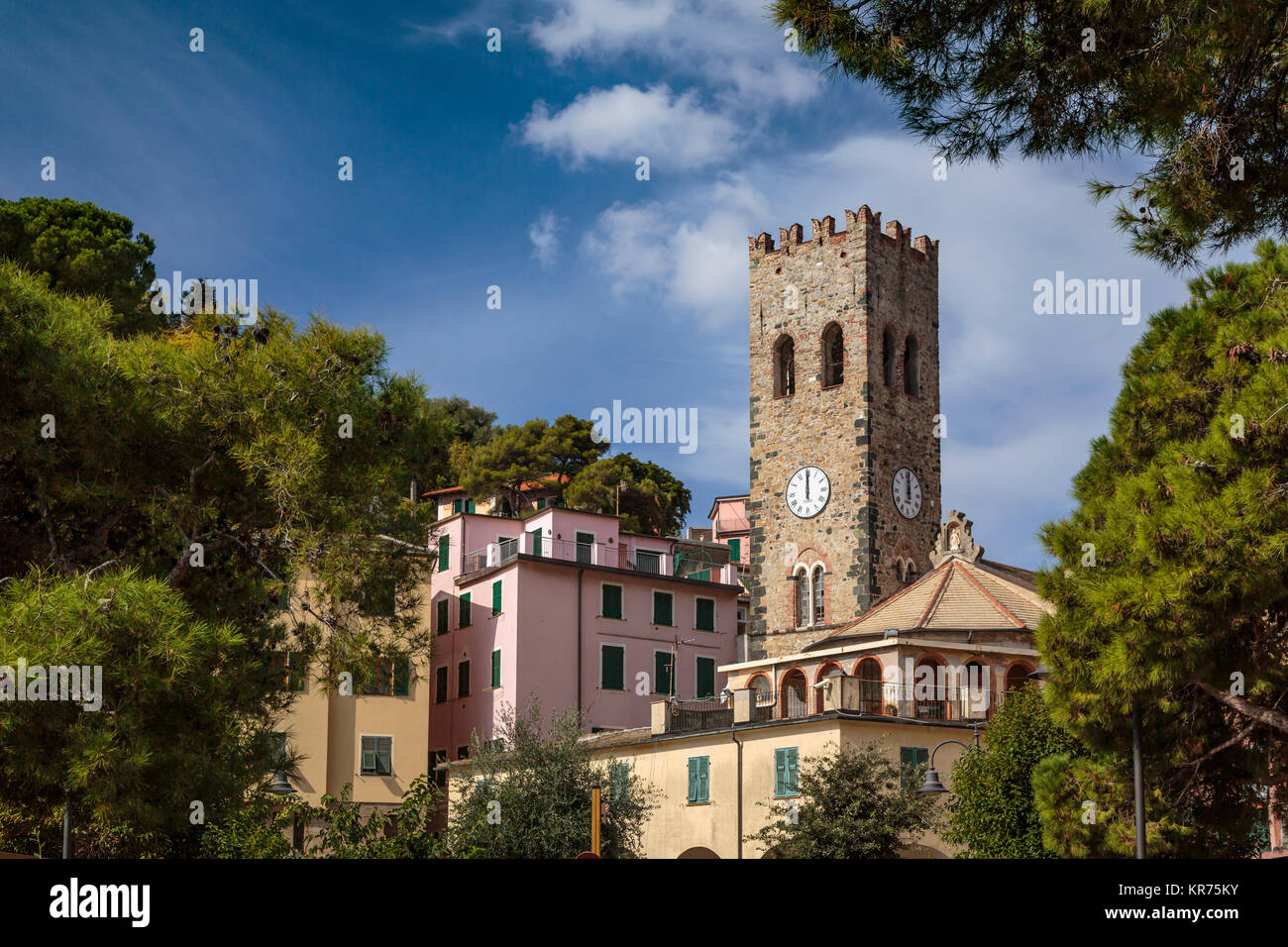 The historic clock tower in Monterosso al Mare, Liguria, Italy, Europe ...