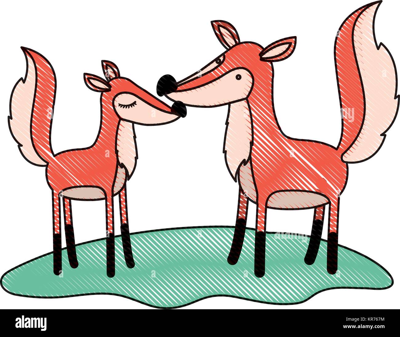 fox couple over grass in colored crayon silhouette Stock Vector Image ...