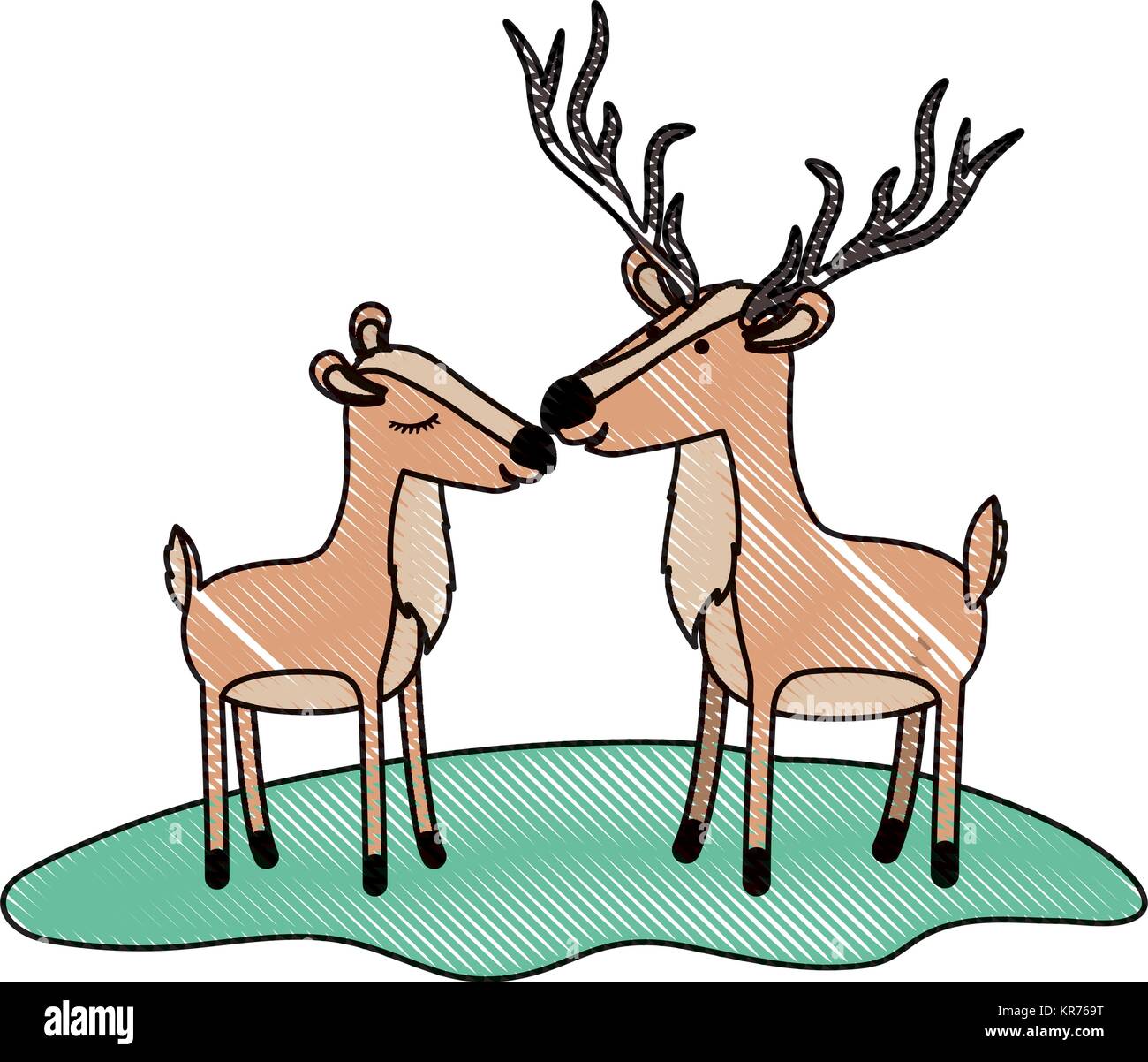 deer couple over grass in colored crayon silhouette Stock Vector Image ...