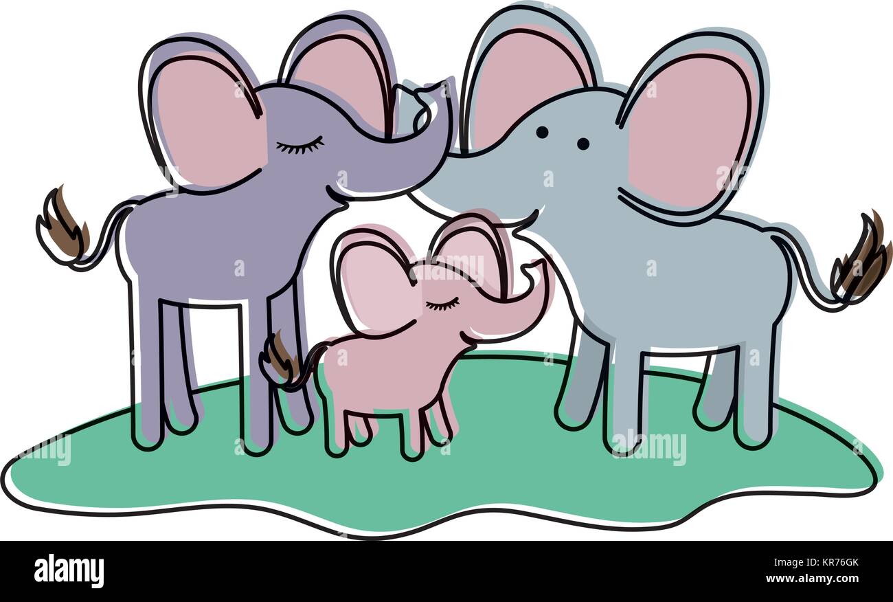 cartoon couple elephants and calf over grass in watercolor silhouette ...
