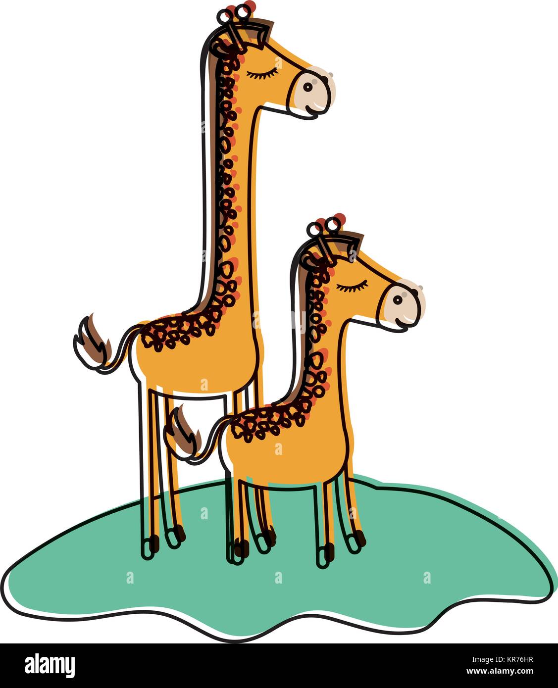 cartoon giraffe mom with calf over grass in watercolor silhouette Stock ...