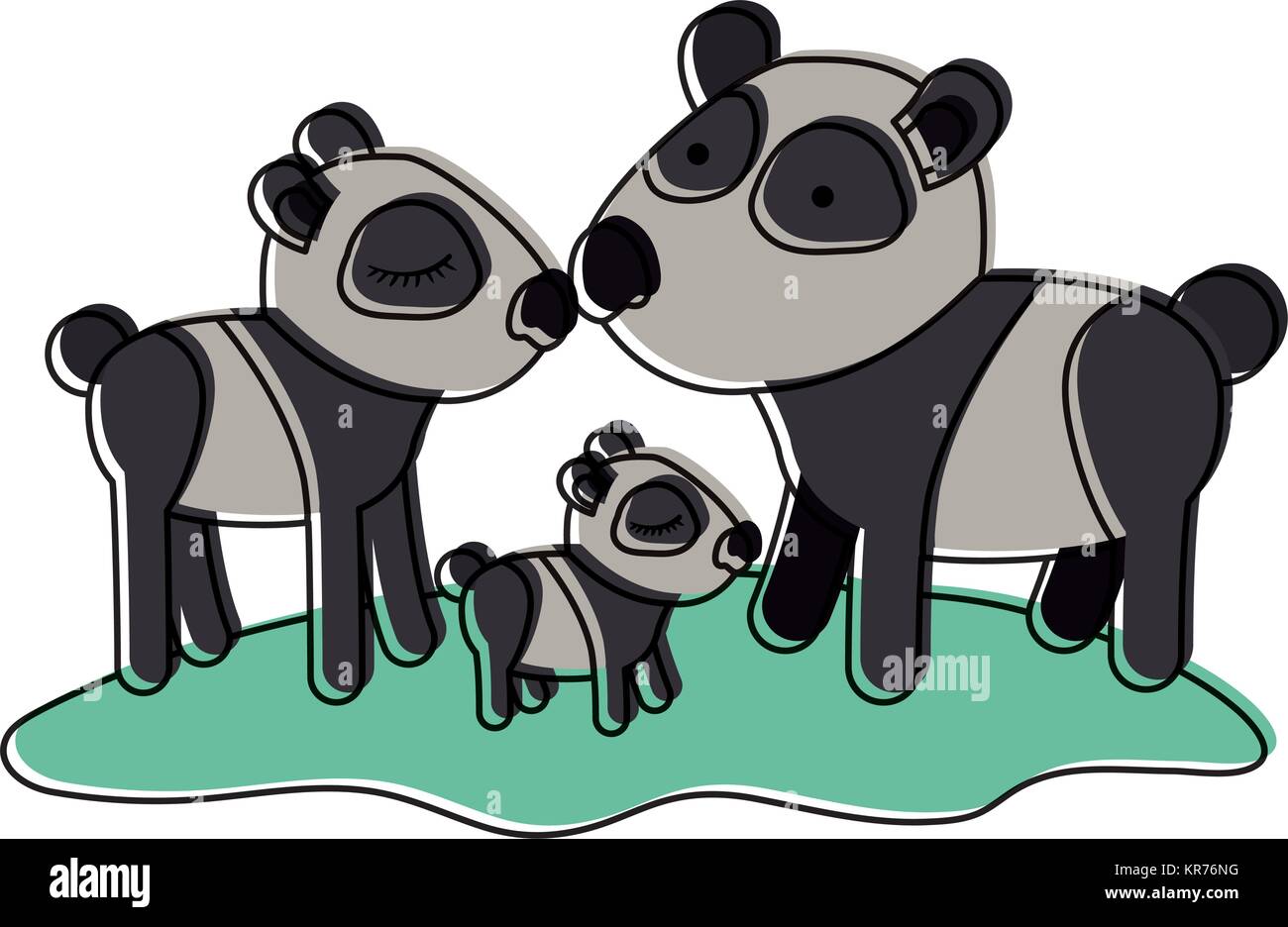 cartoon pandas couple with cub over grass in watercolor silhouette ...