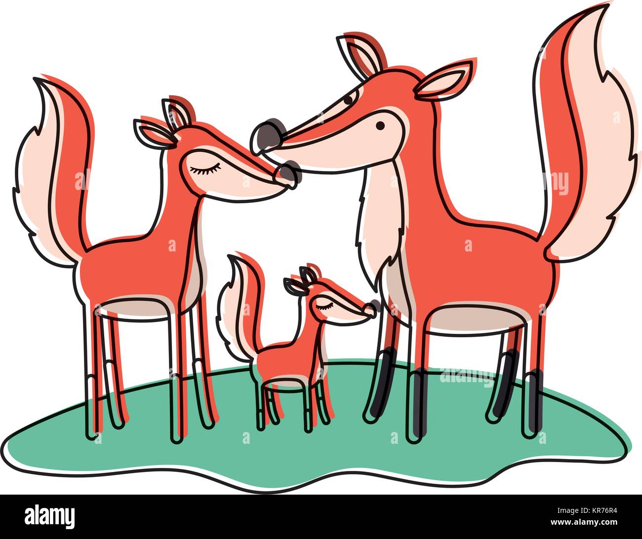 cartoon fox couple and cub over grass in watercolor silhouette Stock ...