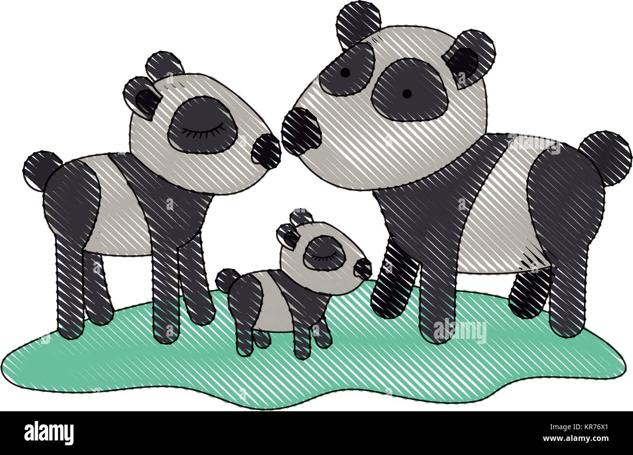 cartoon pandas couple with cub over grass in colored crayon silhouette ...
