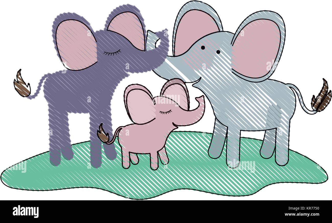cartoon couple elephants and calf over grass in colored crayon ...
