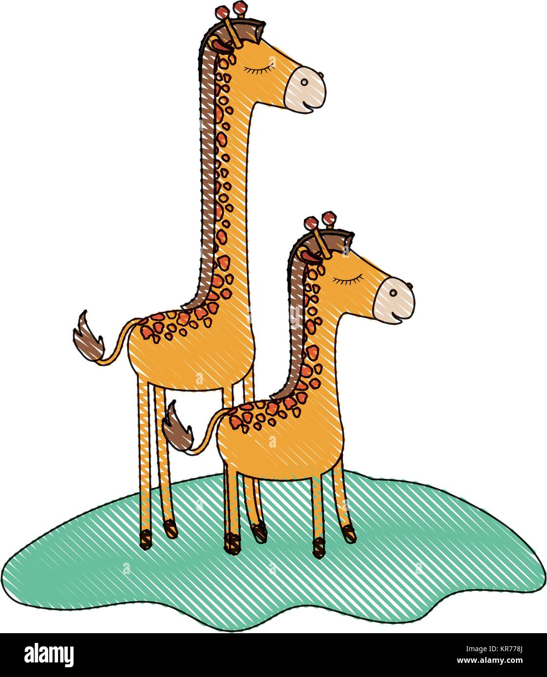 cartoon giraffe mom with calf over grass in colored crayon silhouette ...