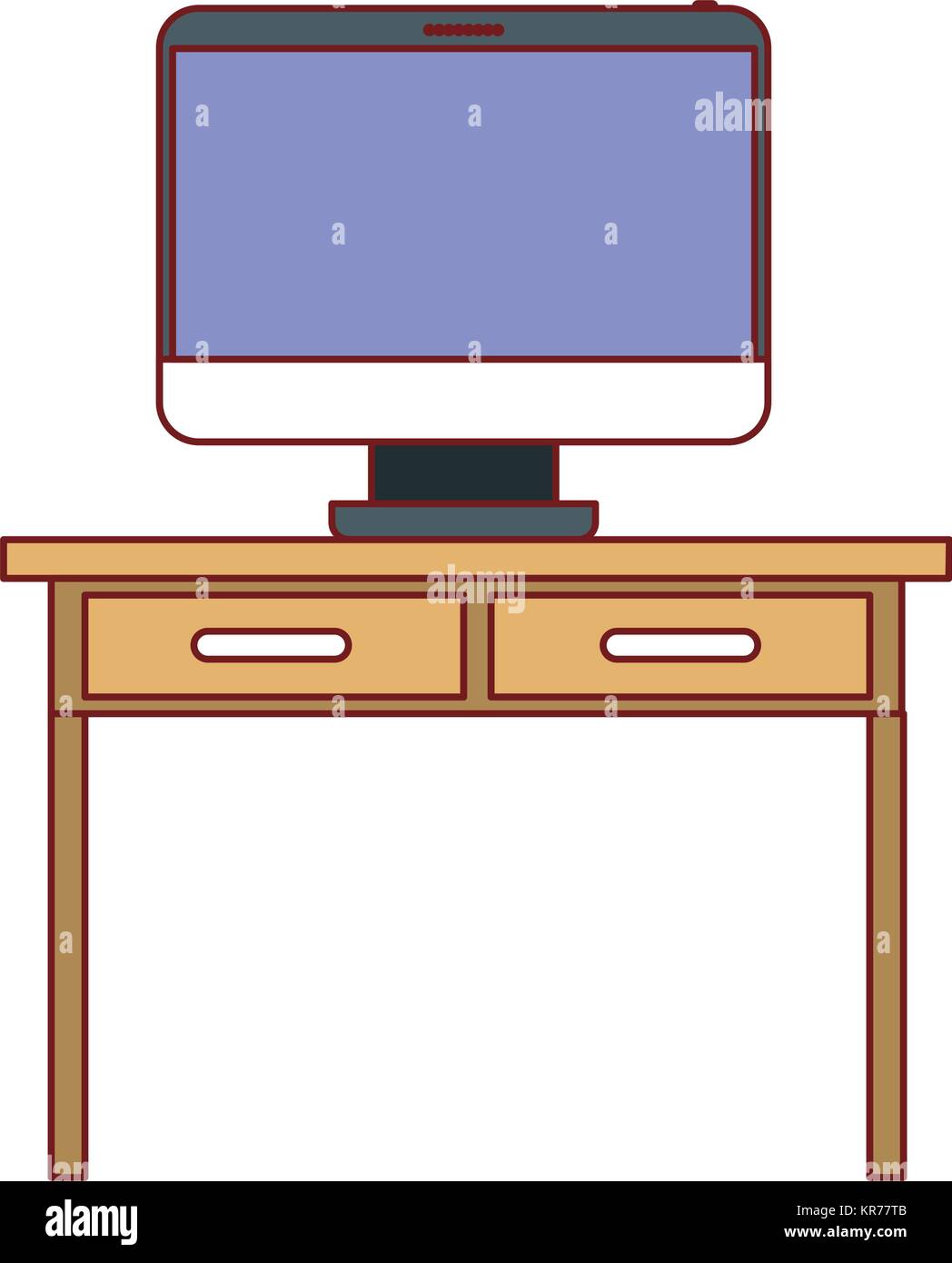 desk table with drawers and desktop computer above in front view ...