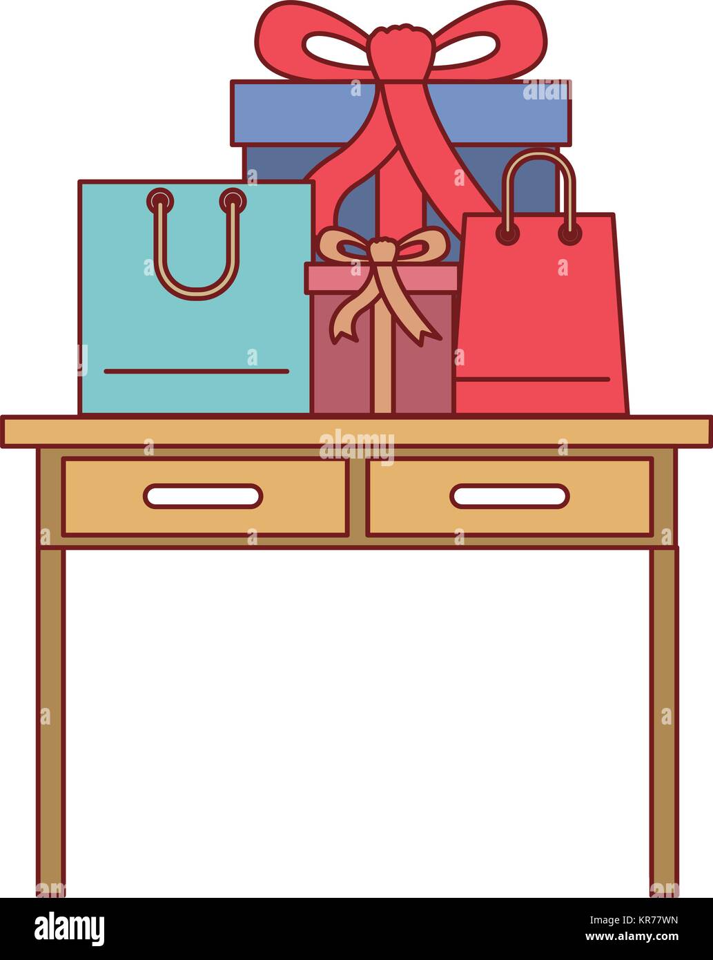 desk table with drawers front view with gifts box and bags above in ...