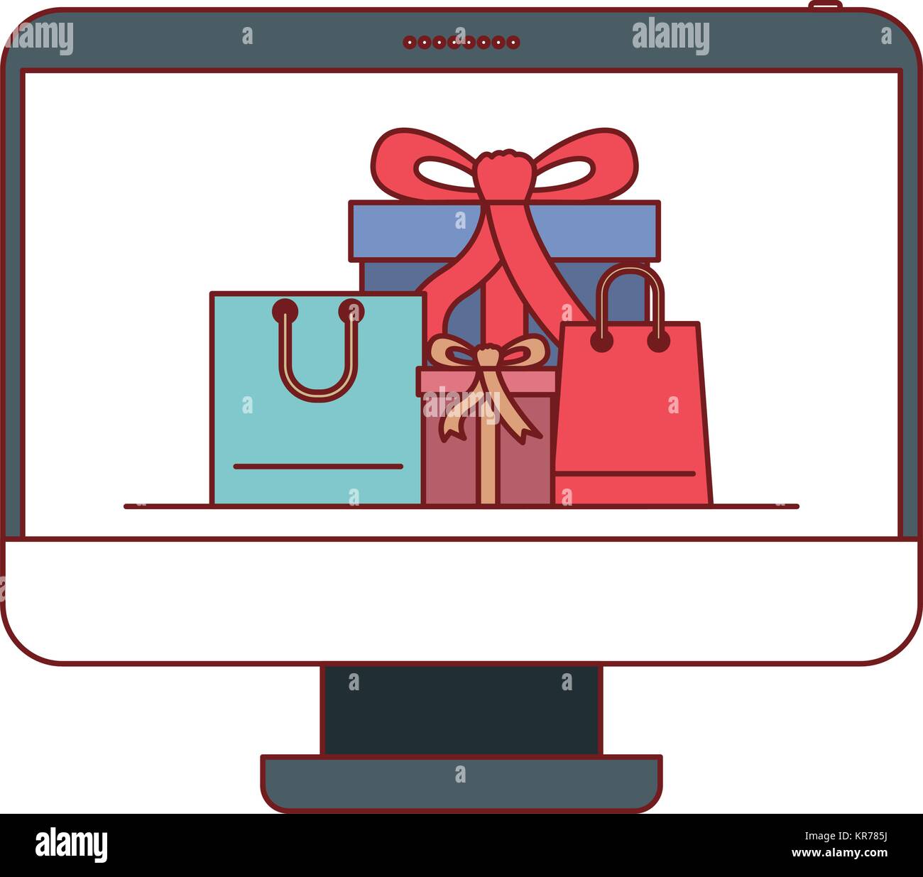 desktop computer front view with gift boxes and shopping bags in screen ...