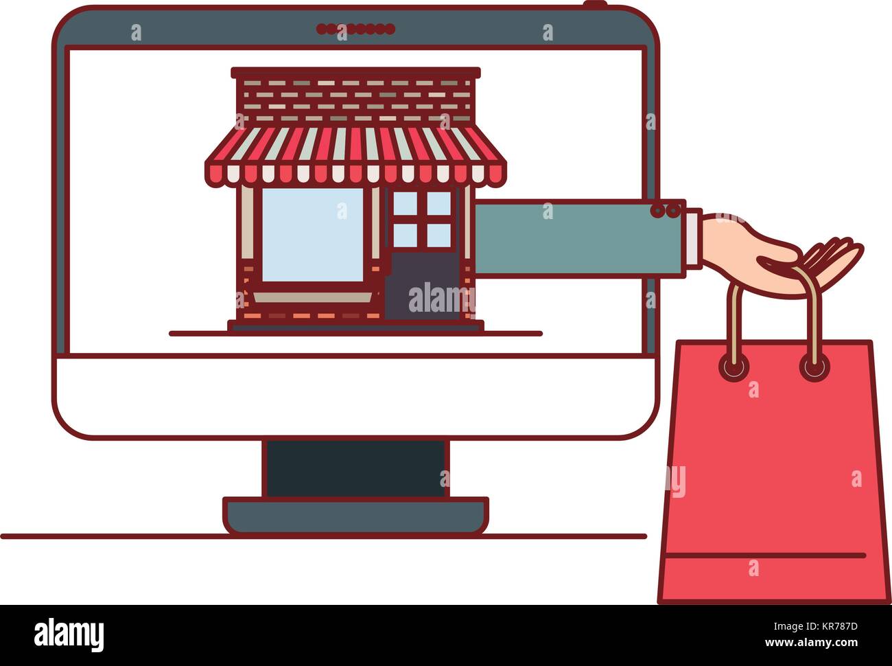 desktop computer front view with online store and shopping bag in ...