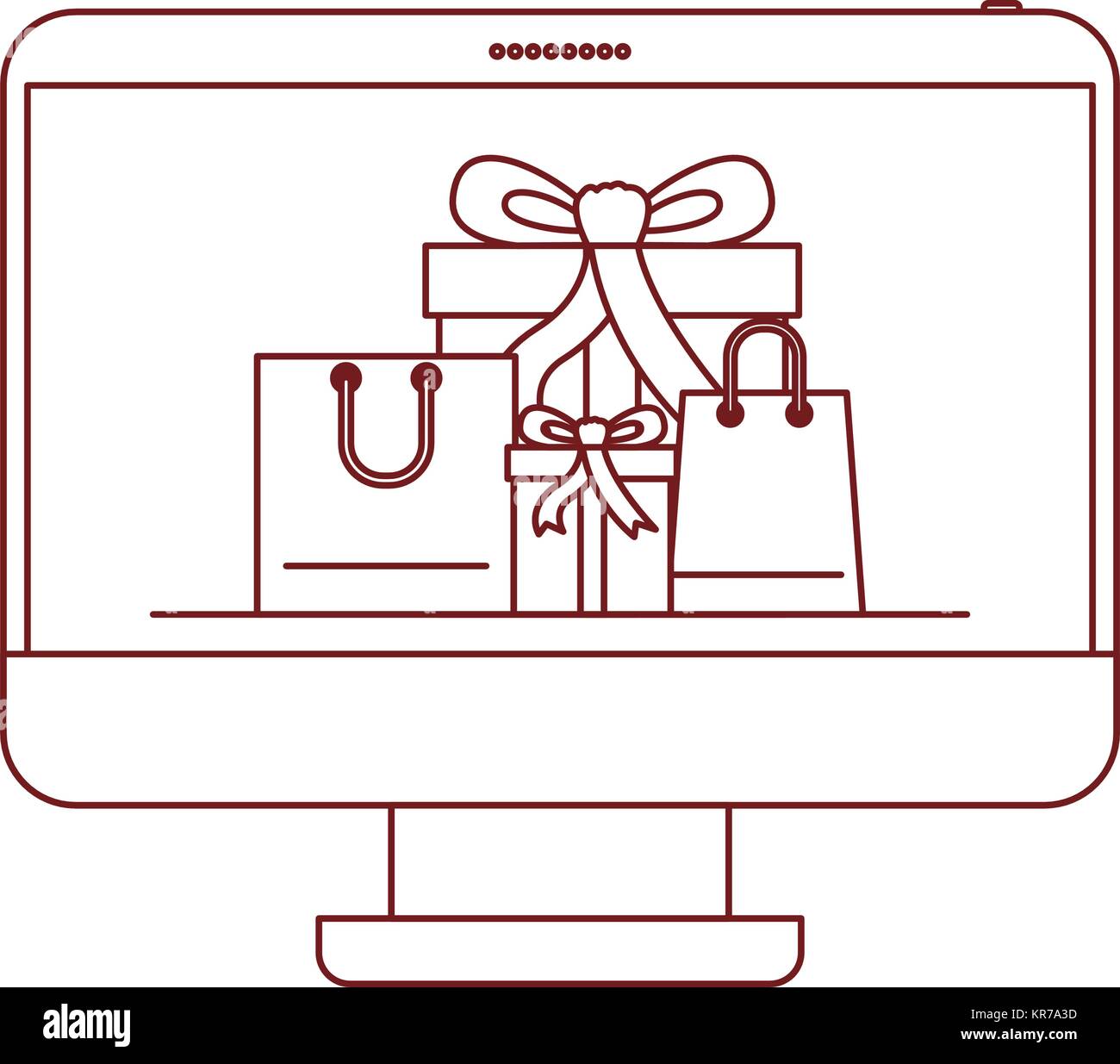 desktop computer front view with gift boxes and shopping bags in screen ...