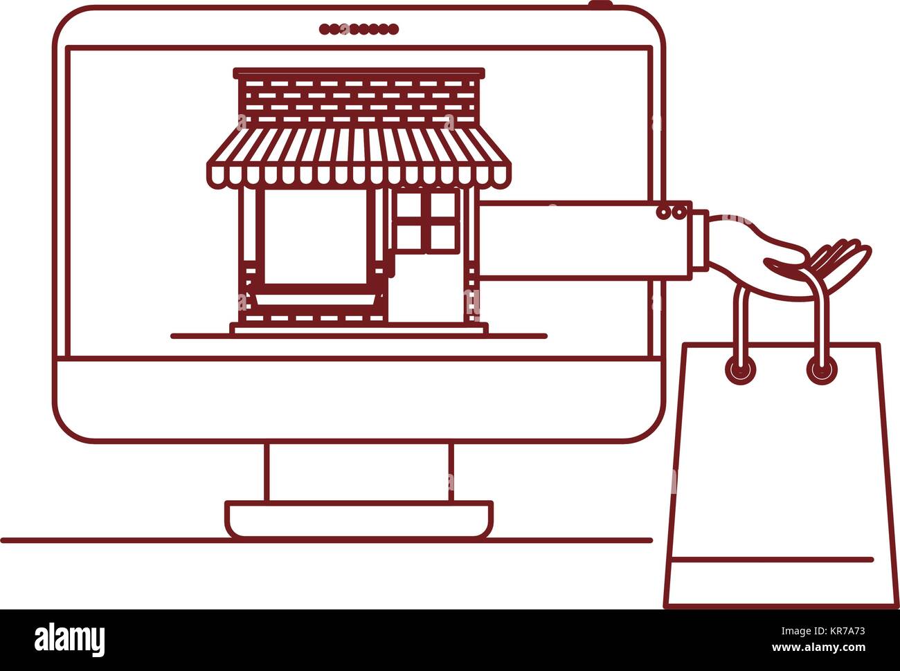 desktop computer front view with online store and shopping bag in ...