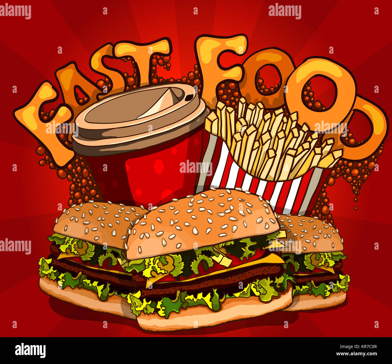 fast food banner with cola, hamburger and fries Stock Photo - Alamy