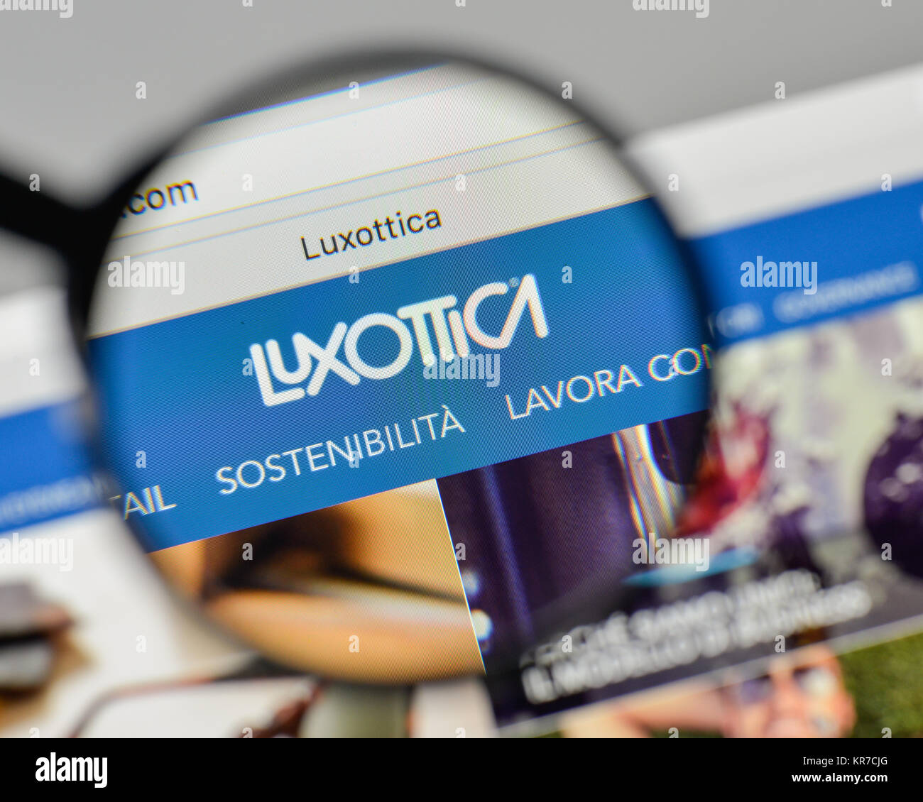 Milan, Italy - November 1, 2017: Luxottica logo on the website homepage ...