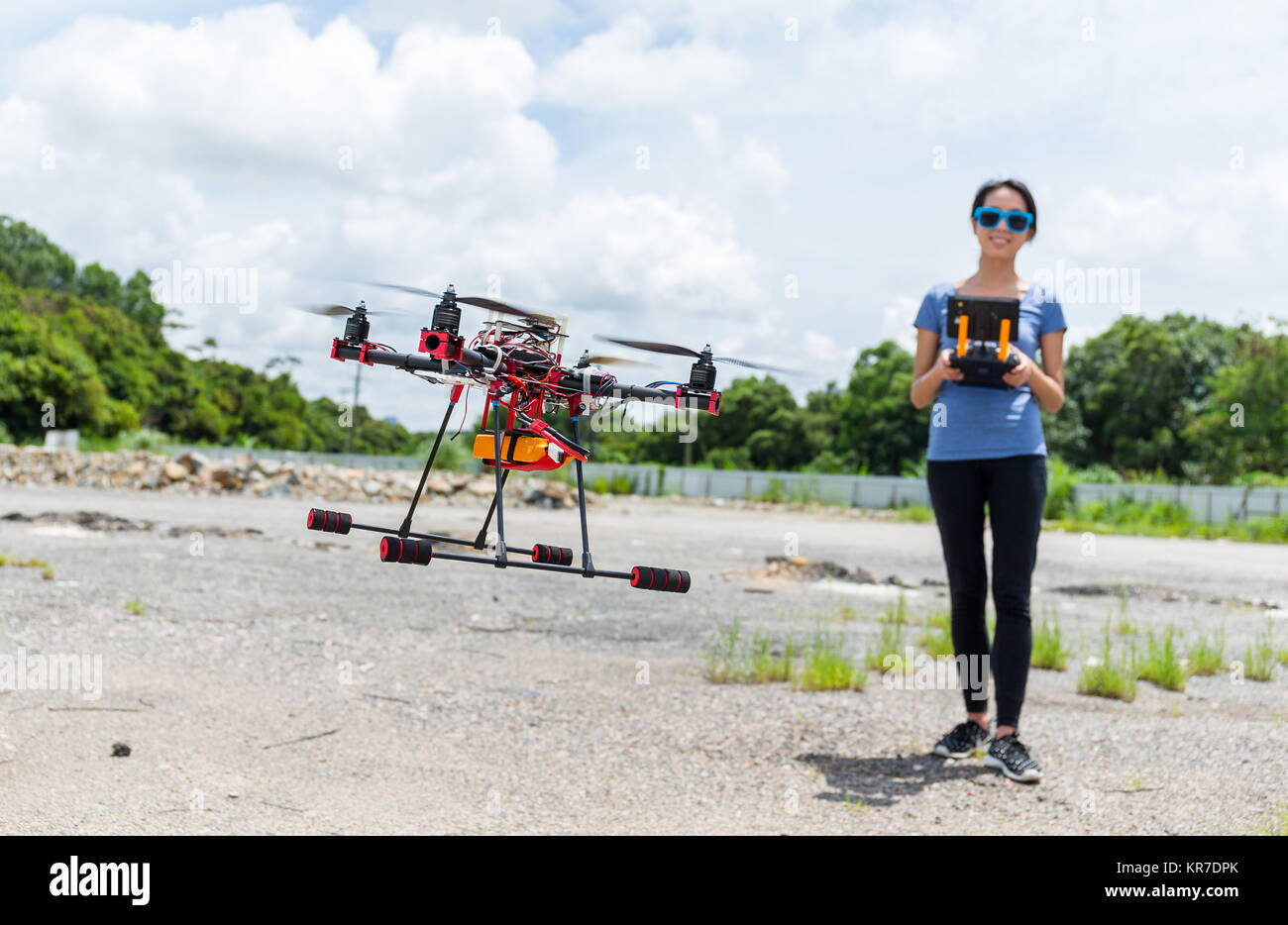 Woman control the flying drone at outdoor Stock Photo - Alamy