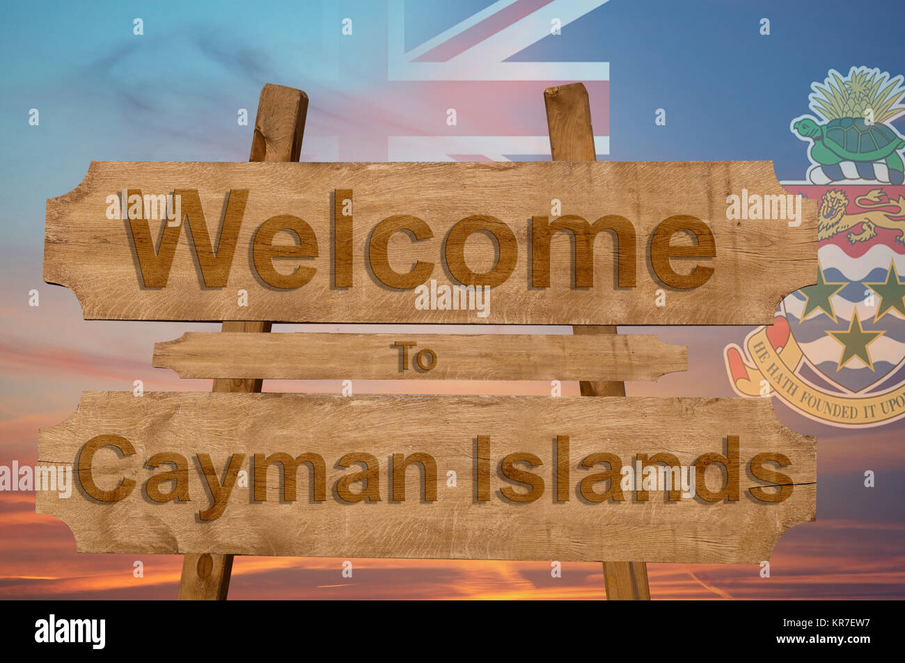 welcome to cayman islands sing on wood background with blending ...