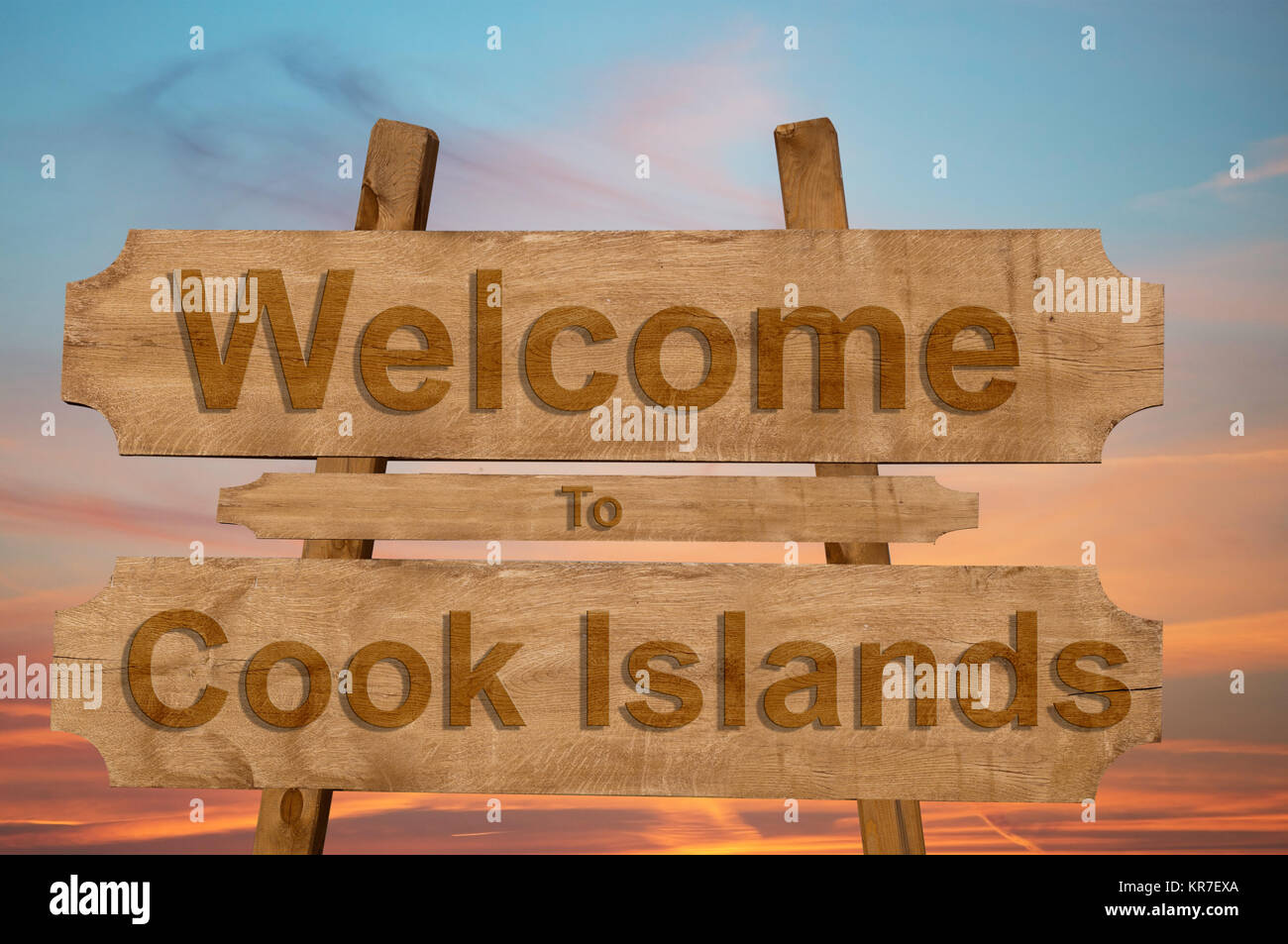 welcome to cook islands sing on wood background Stock Photo - Alamy