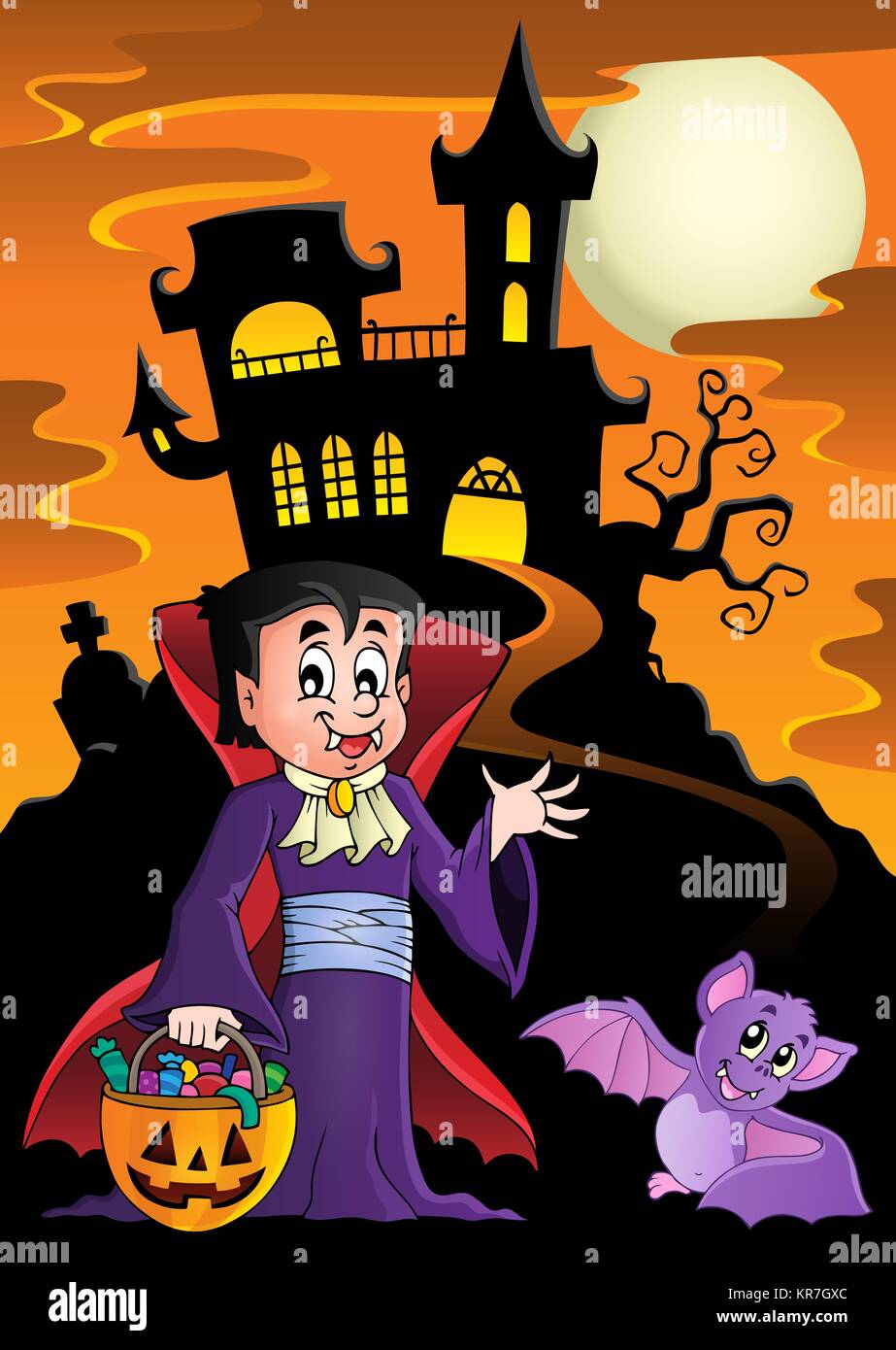 Halloween vampire near haunted house Stock Photo - Alamy