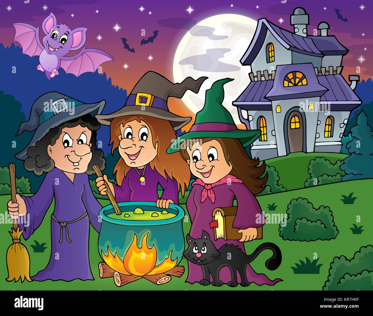 Three witches broomstick hi-res stock photography and images - Alamy