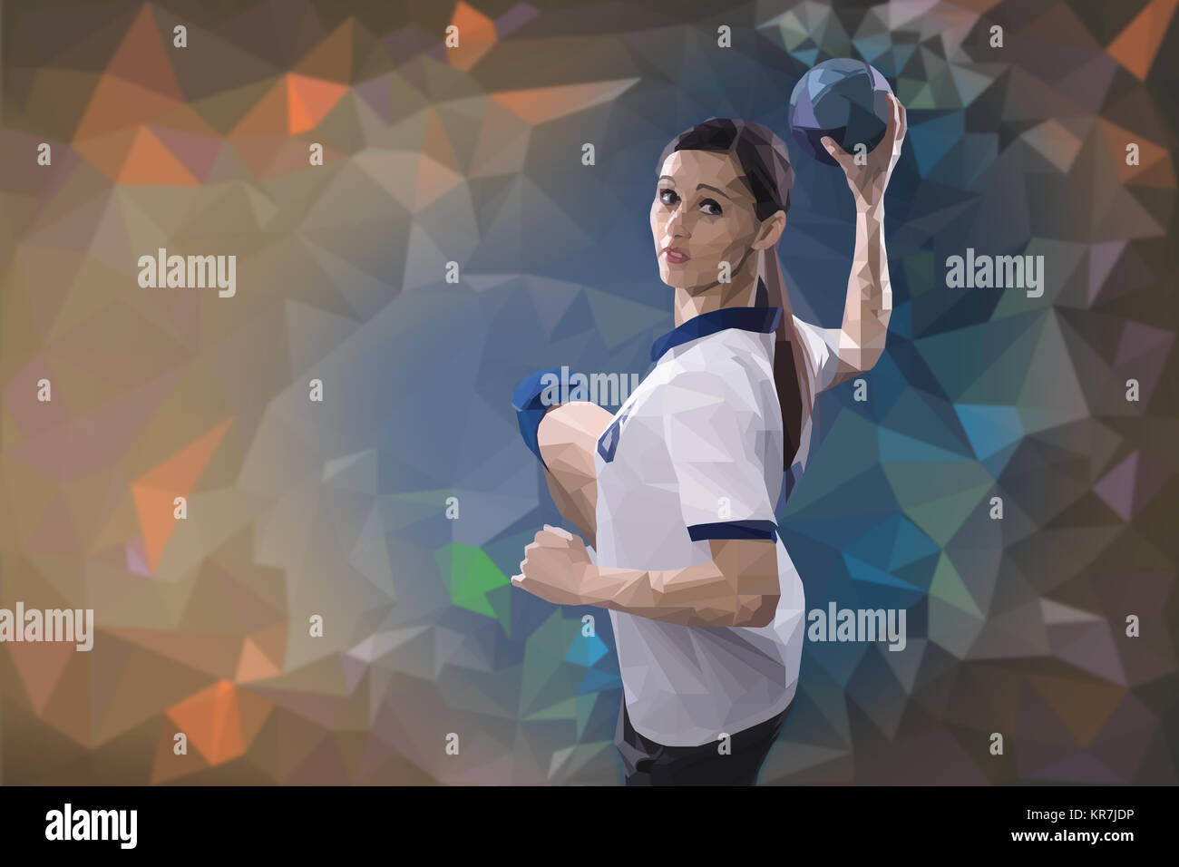 female handball player with a ball, a photograph with the low polygon ...