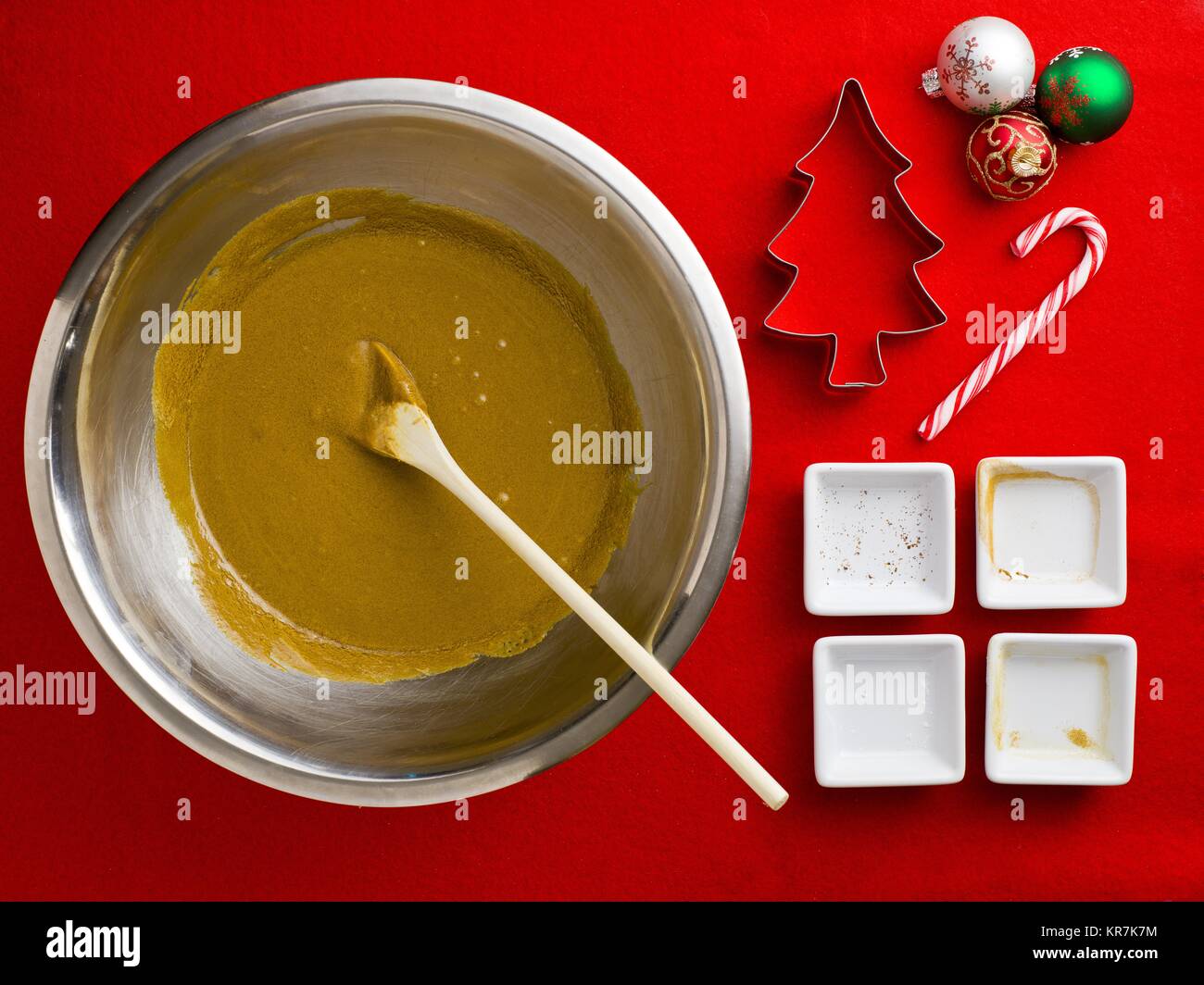 top view of spatula in chocolate syrup with cake ingredient Stock Photo ...