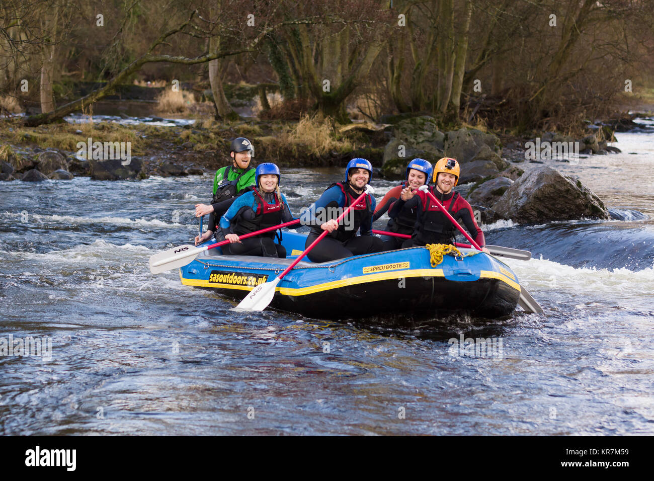 White water rafting on the river Dee or Afon Dyfrdwy in North Wales ...