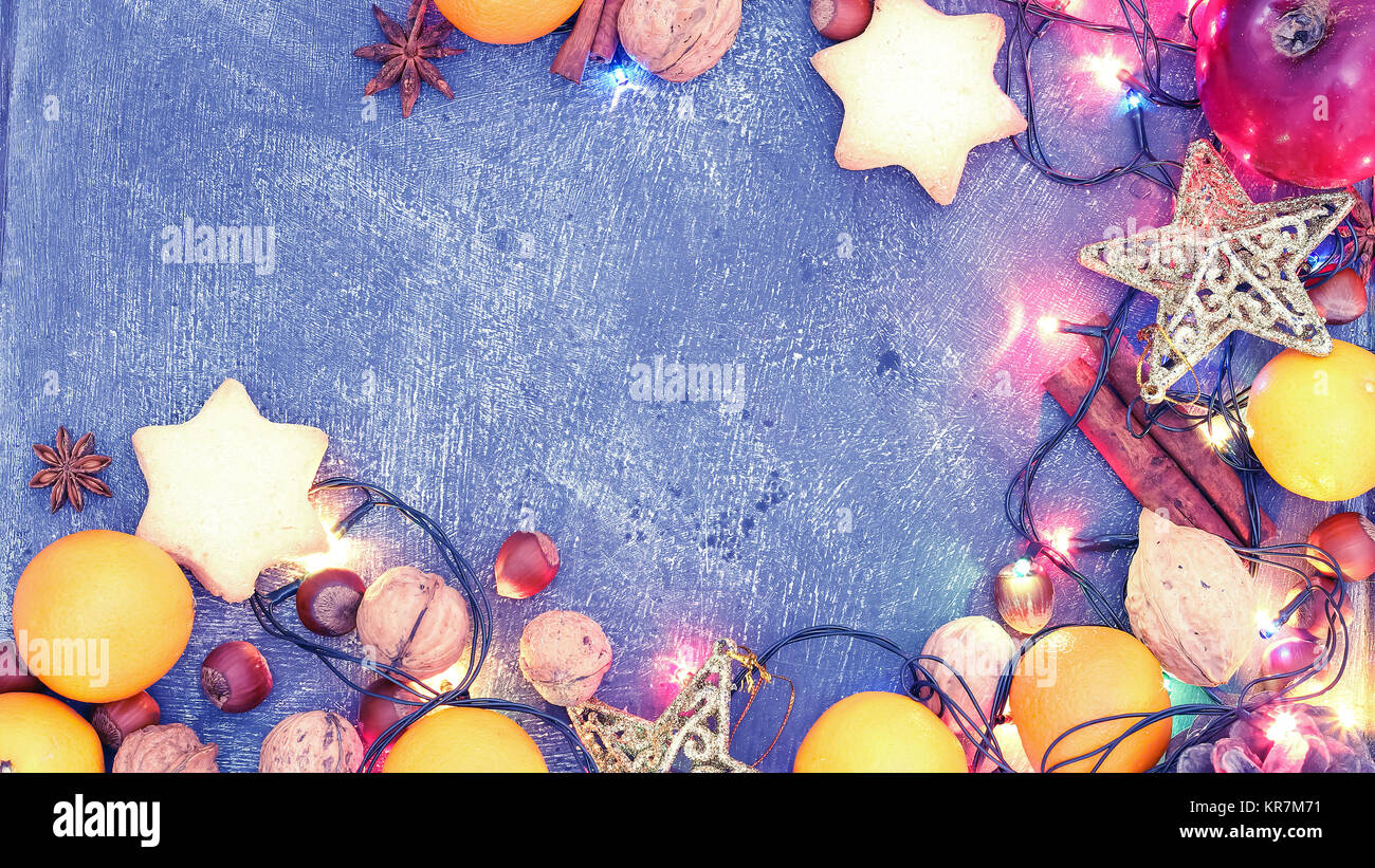 Background of Christmas decorations and gifts with multi-colored Stock ...