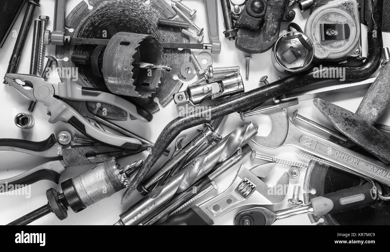 Working metal tools of silver color on the background Stock Photo - Alamy