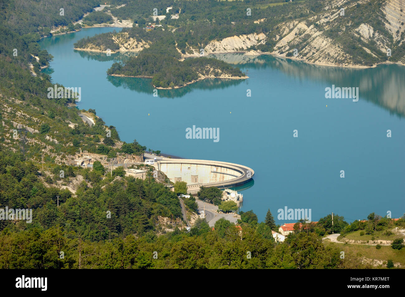 Aerial View over Castillon Lake, Reservoir and Hyroelectric Dam near ...