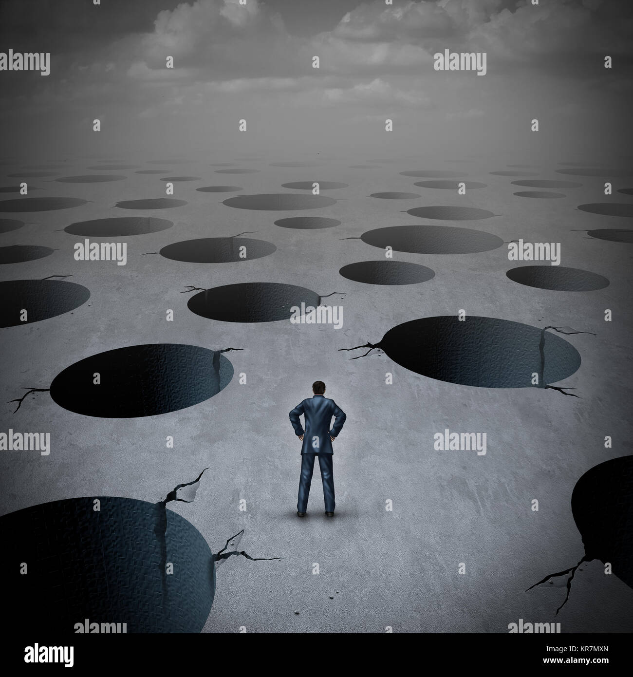 Pitfall concept as a vulnerable businessman facing risky business peril ...