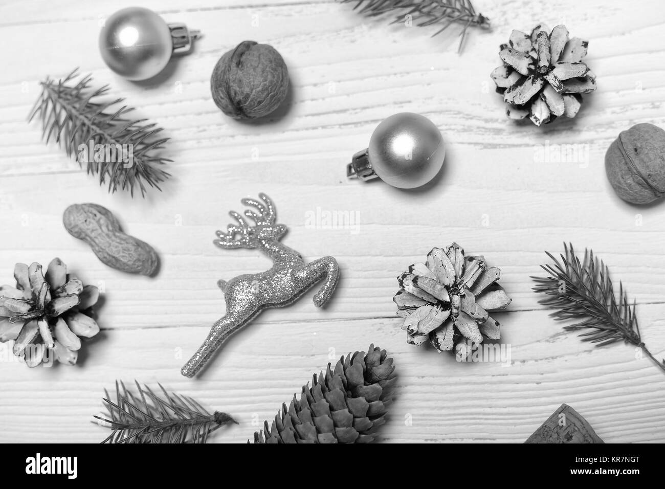 Christmas tree and objects on a white wooden background Stock Photo - Alamy
