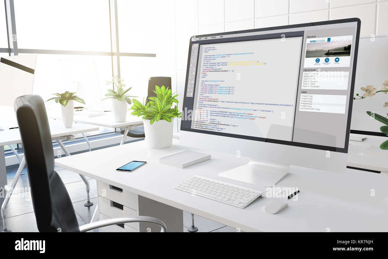 computer with coding software on screen at modern office 3d rendering ...