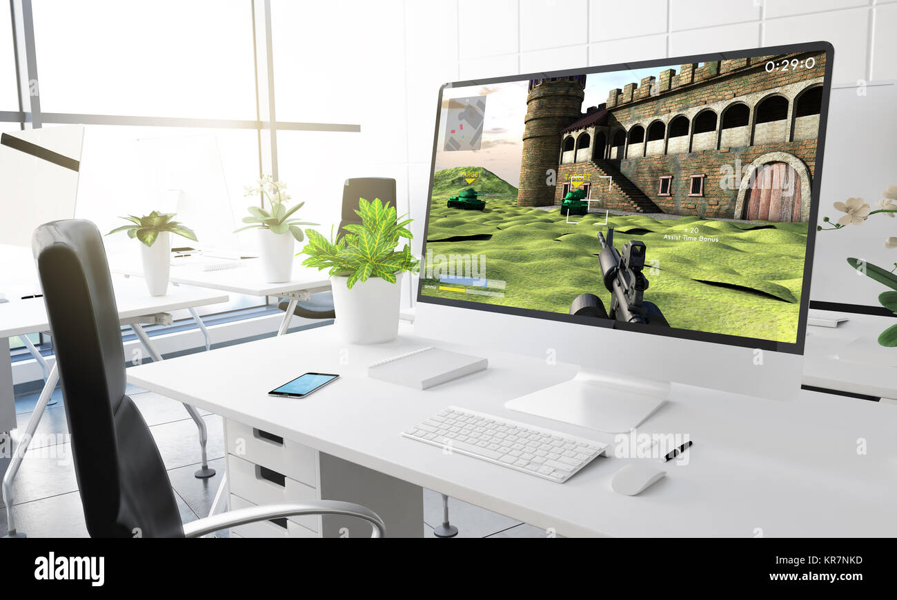 computer with videogame at modern office 3d rendering Stock Photo - Alamy