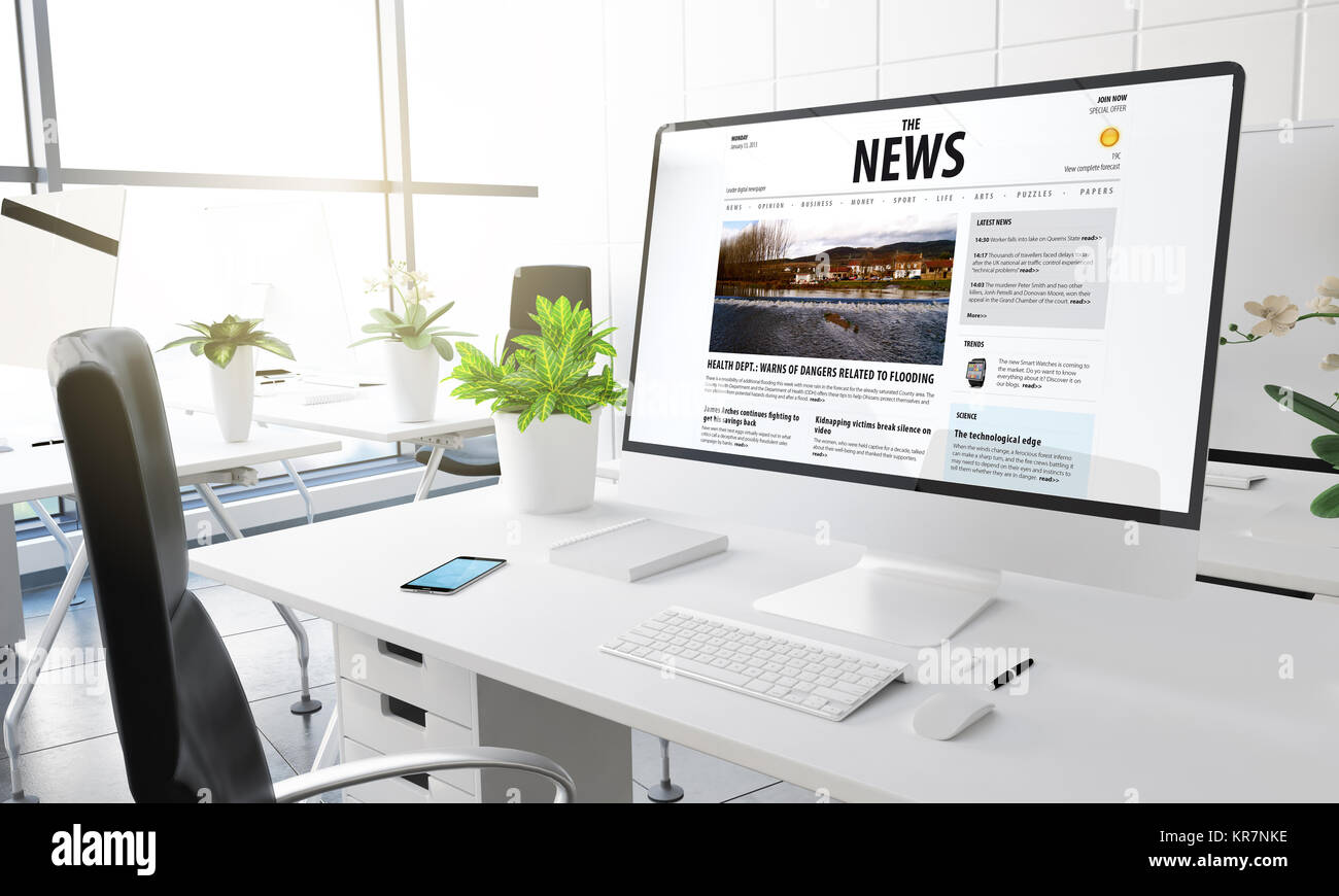 computer with news website at modern office 3d rendering Stock Photo ...
