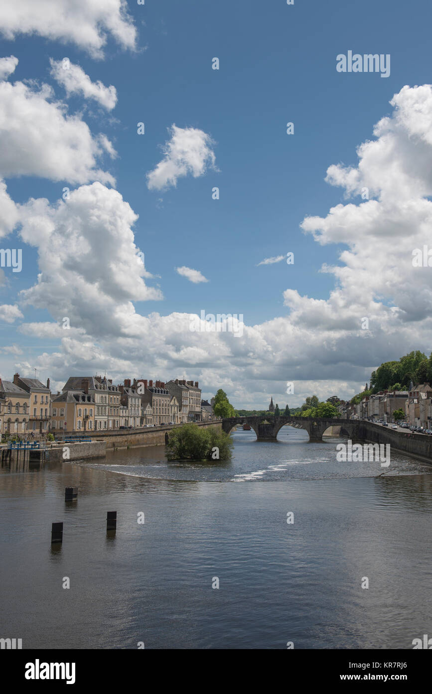 View looking South of the Mayenne River flowing through the town of ...