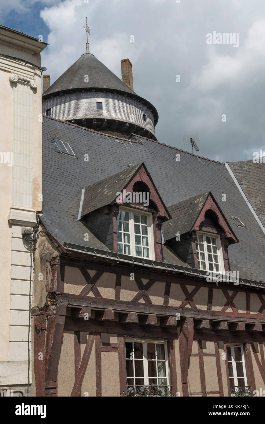 Medieval buildings along the Grande Rue in the old quarter of Laval ...