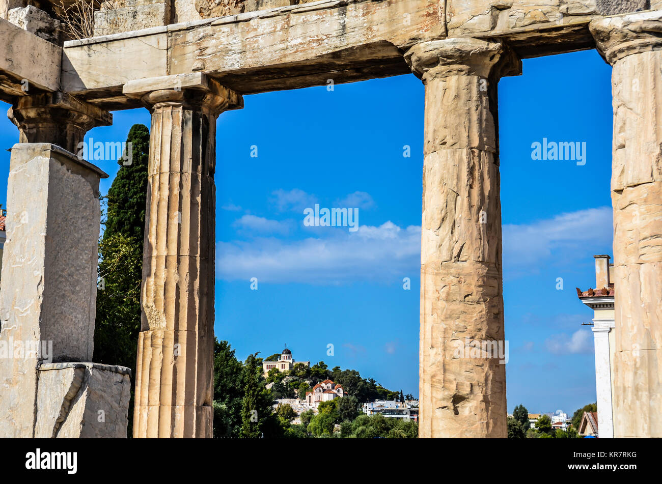 View of the National Observatory of Athens between the ancient columns ...