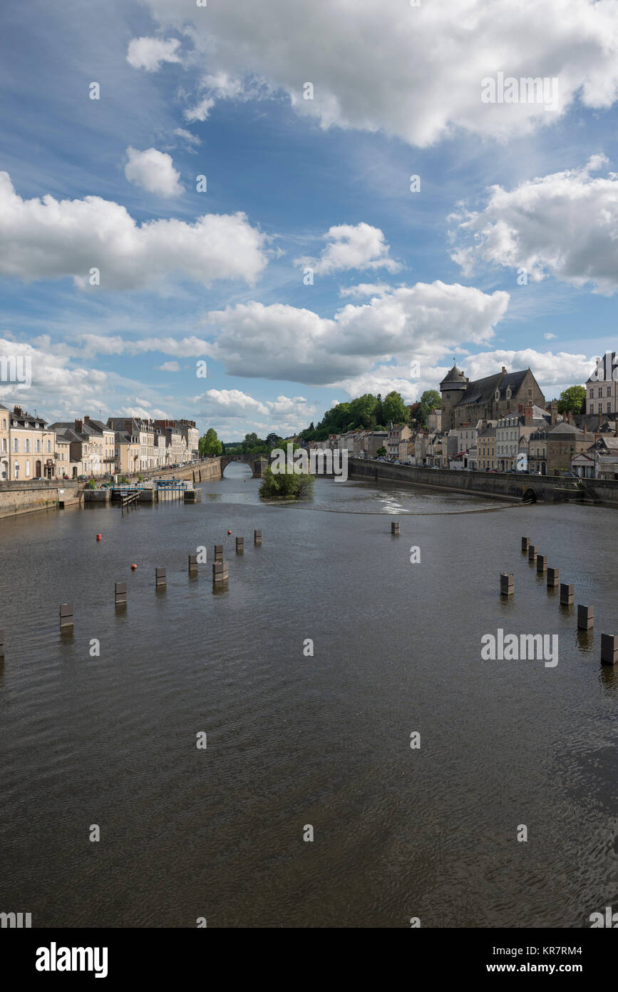 View looking South of the Mayenne River flowing through the town of ...